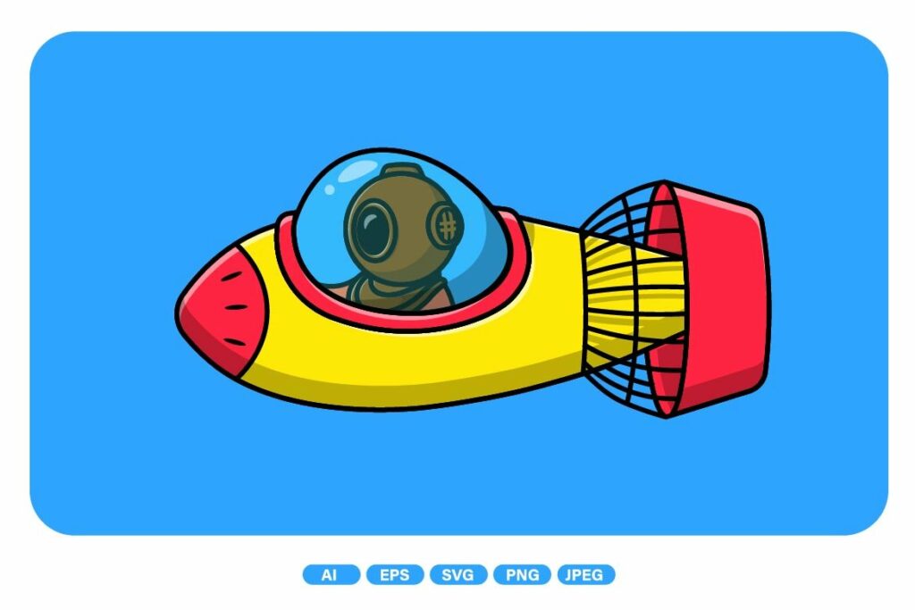Cute Diver Riding Submarine In Ocean – MasterBundles