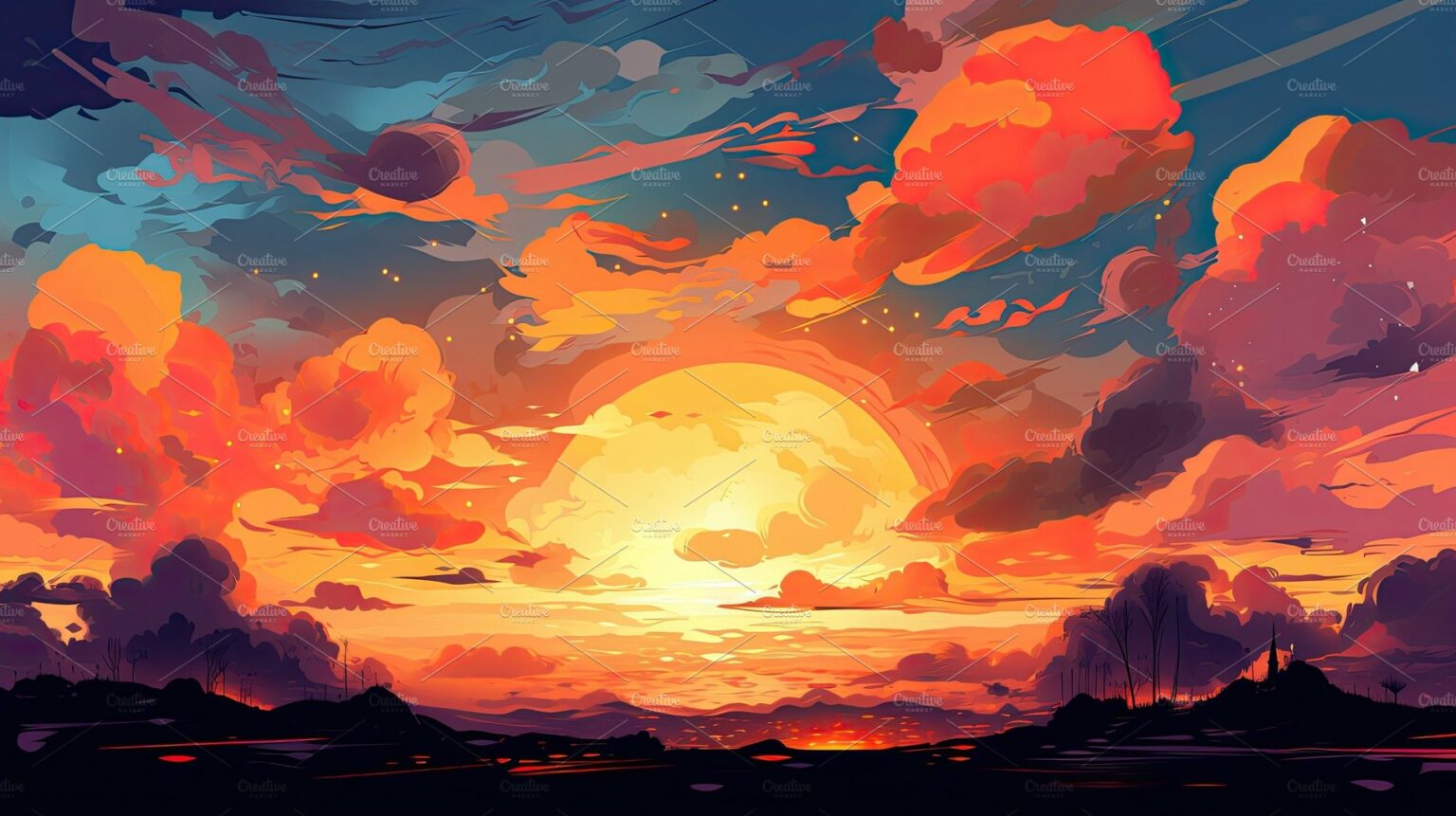 Illustrated sky with clouds, sun, stars, and sunrise or sunset ...