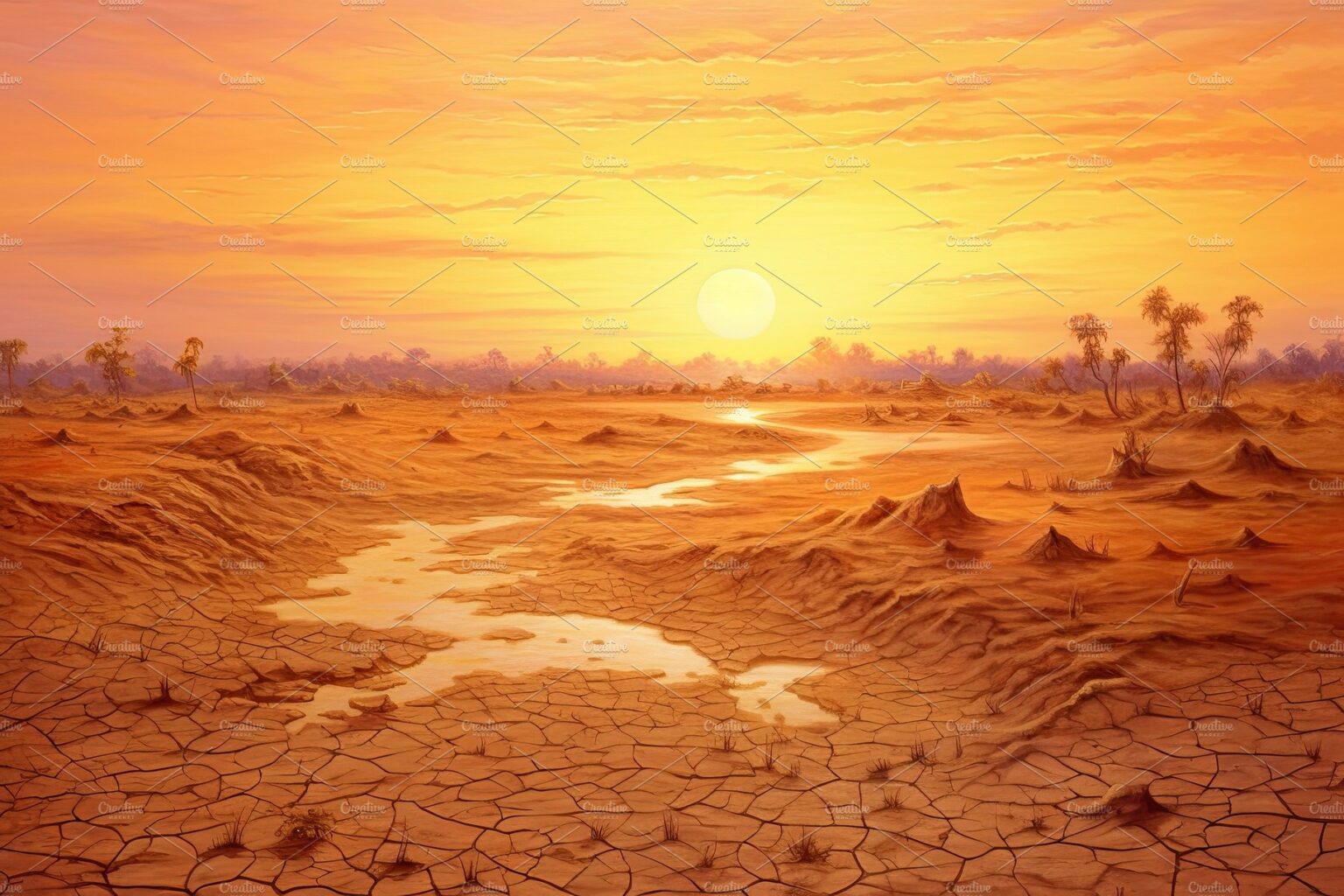 Dry land at sunset, representing drought and lack of water, climate ...