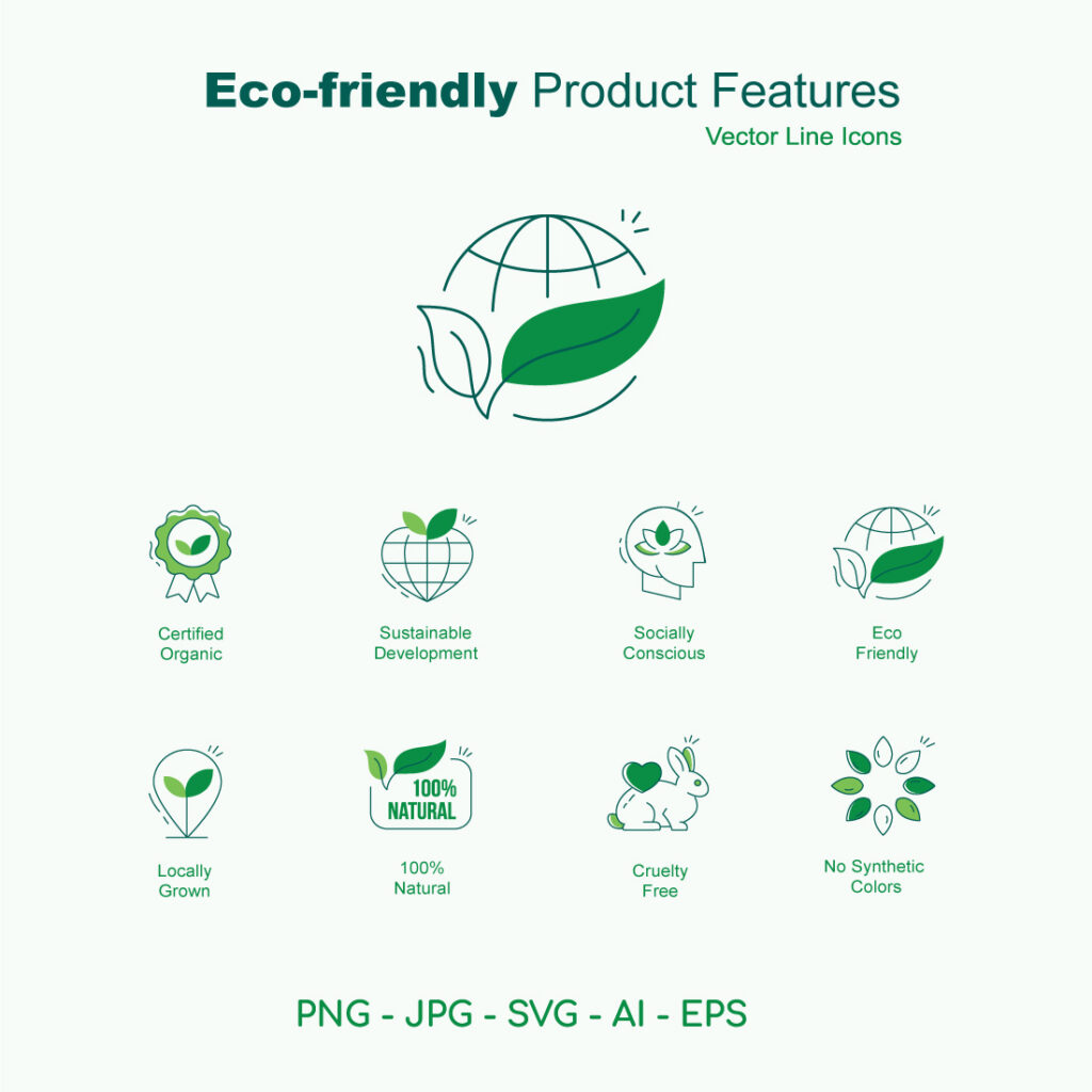 Eco-friendly Product Feature Icon Pack. Vector Line Icons with Editable ...
