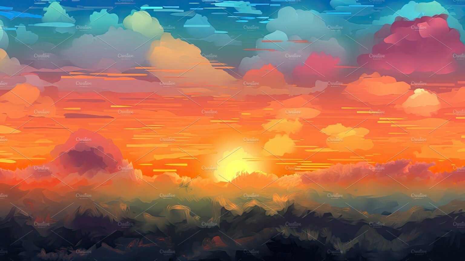 Illustrated sky with clouds, sun, stars, and sunrise or sunset ...