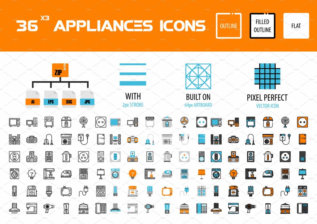 36x3 Home appliances icons – MasterBundles