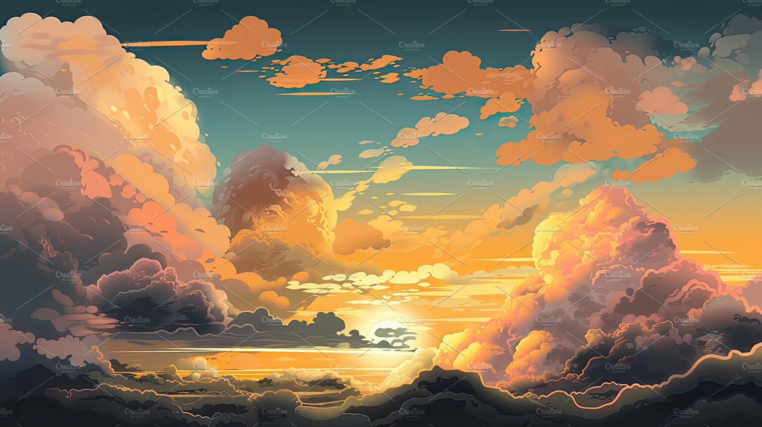 Illustrated sky with clouds, sun, stars, and sunrise or sunset ...