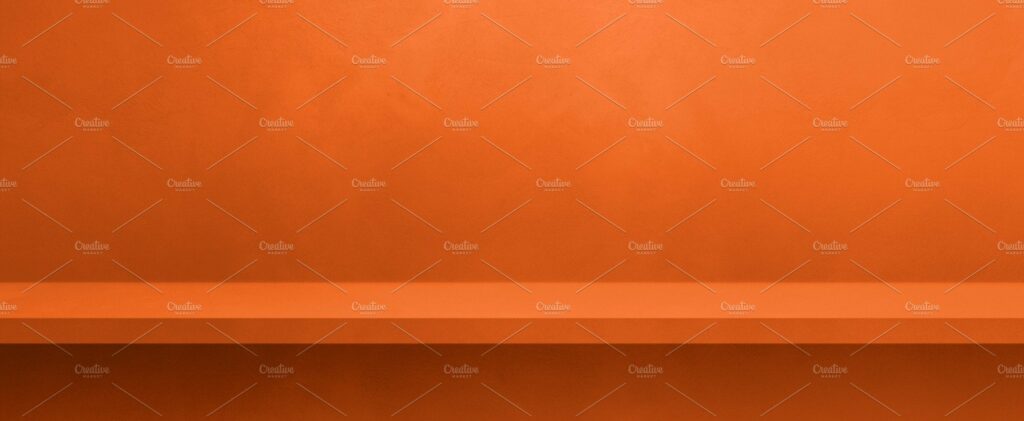 Empty shelf on a neon orange concrete wall. Background template ...