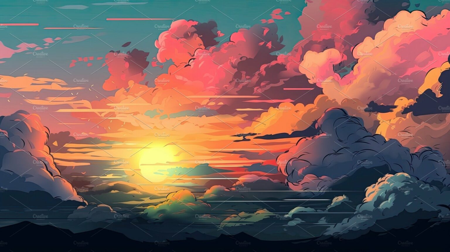 Illustrated sky with clouds, sun, stars, and sunrise or sunset ...