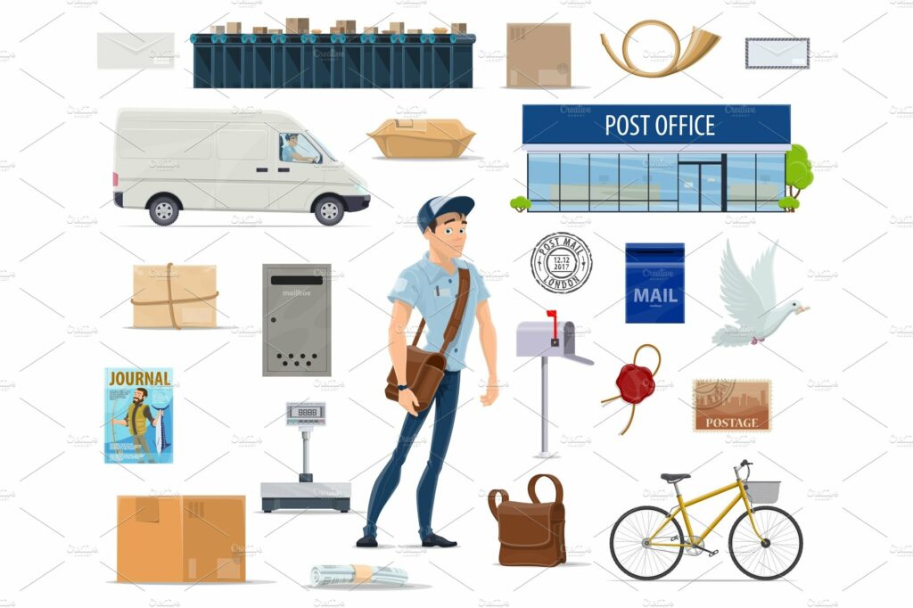 Postal service set with postman and post icon – MasterBundles