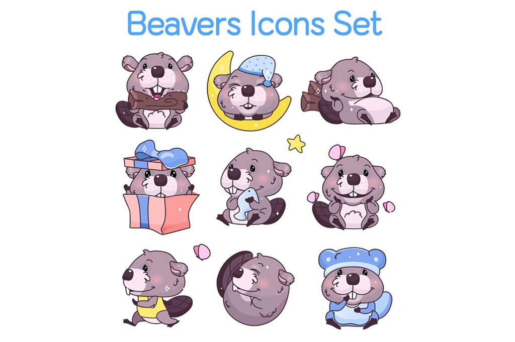 Cute beavers cartoon characters set – MasterBundles