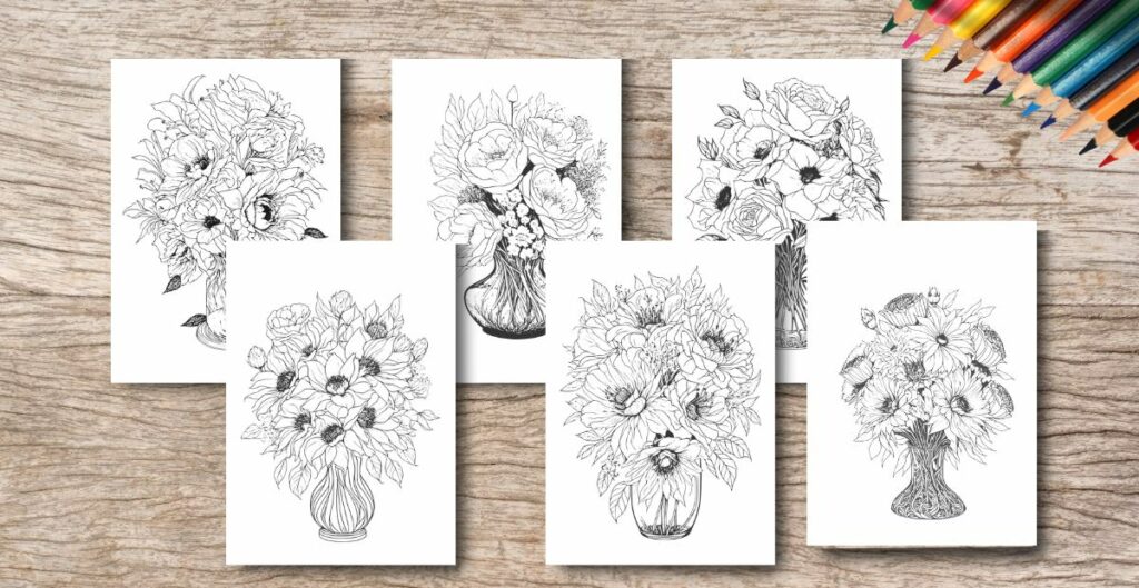 Flower Drawing Floral Coloring Pages Bundle For Adults (SVG and PNG ...