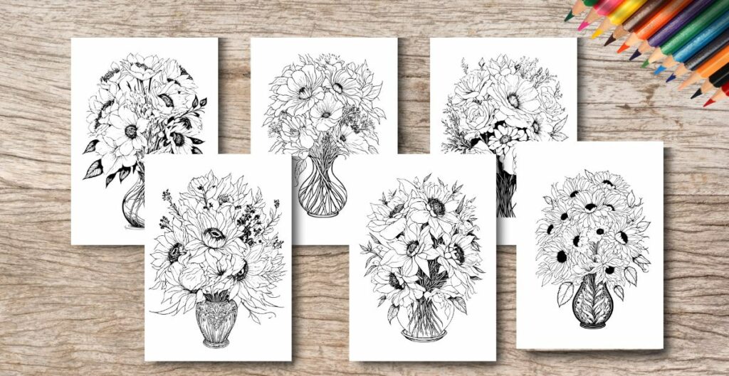 Flower Drawing Floral Coloring Pages Bundle For Adults (SVG and PNG ...