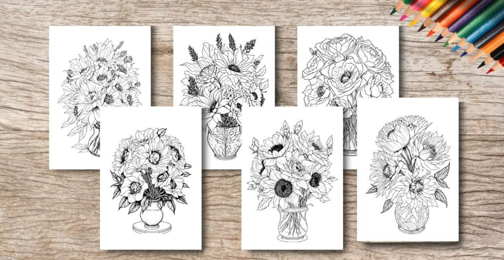 Flower Drawing Floral Coloring Pages Bundle For Adults (SVG and PNG ...