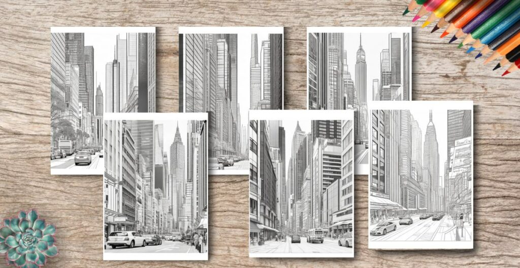 A cityscape with skyscrapers and a busy street scene coloring page 1 ...