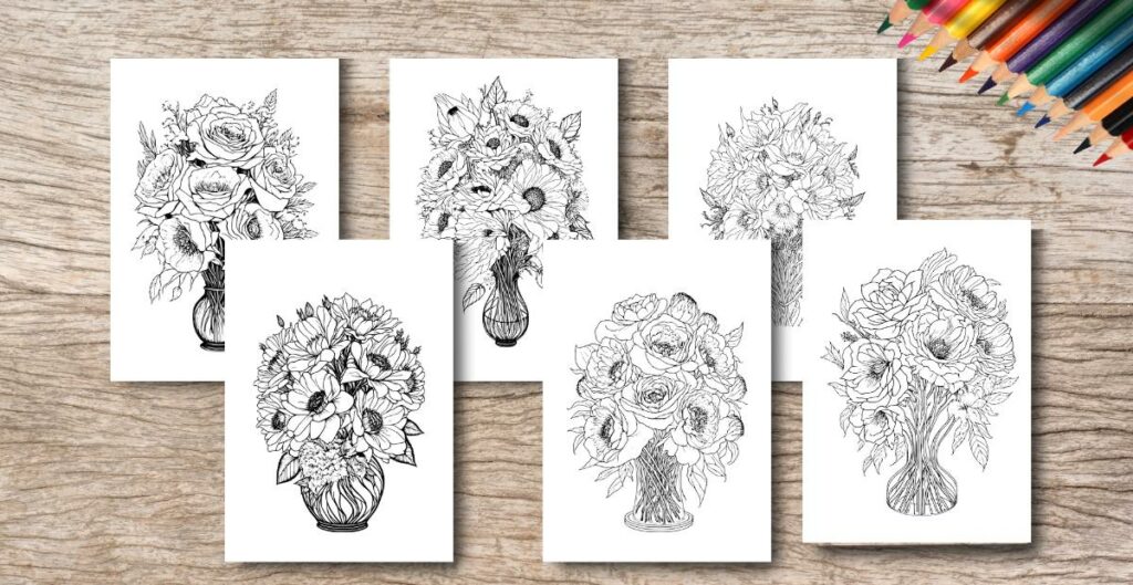 Flower Drawing Floral Coloring Pages Bundle For Adults (SVG and PNG ...
