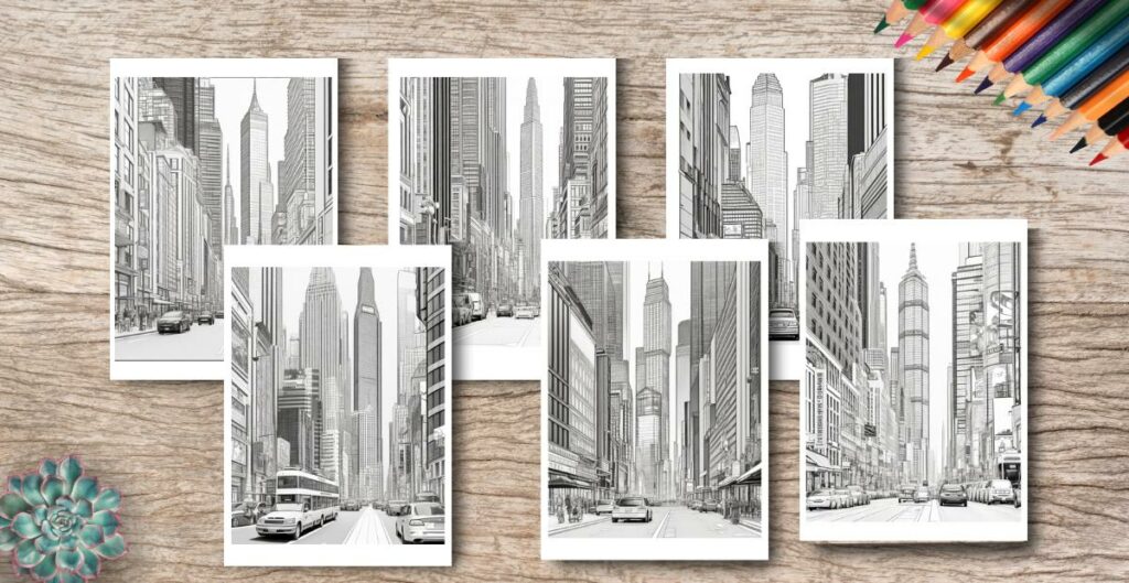A cityscape with skyscrapers and a busy street scene coloring page 2 ...
