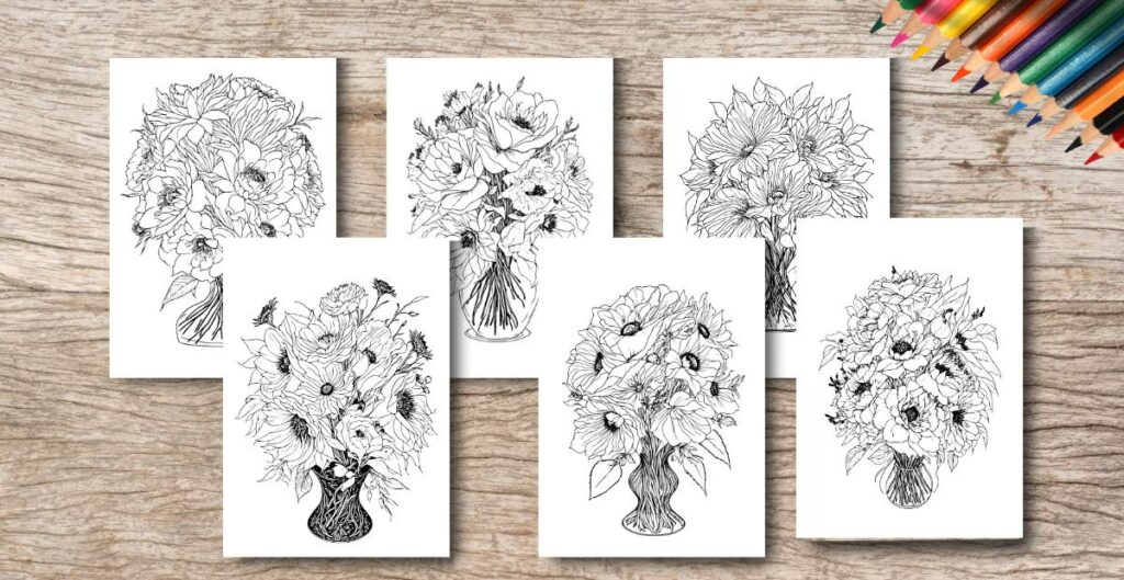 Flower Drawing Floral Coloring Pages Bundle For Adults (SVG and PNG ...