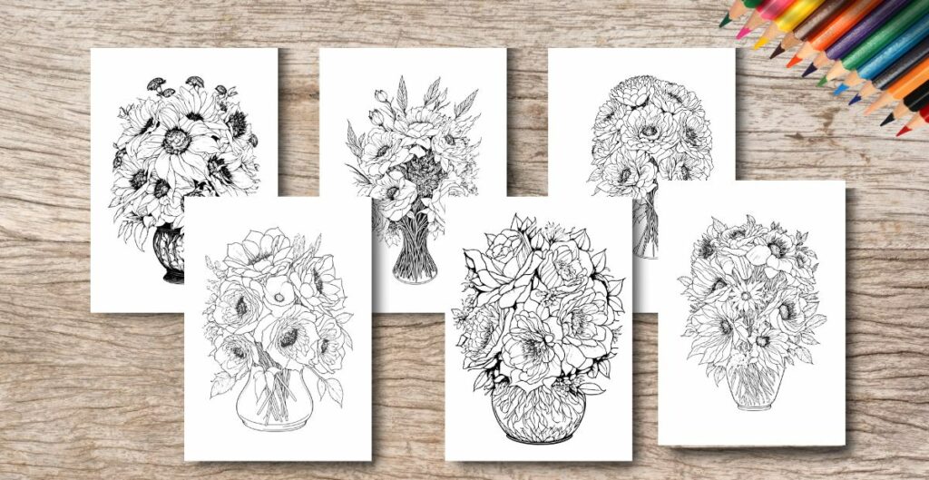 Flower Drawing Floral Coloring Pages Bundle For Adults (SVG and PNG ...