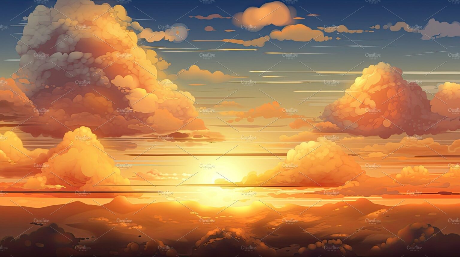 Illustrated sky with clouds, sun, stars, and sunrise or sunset ...