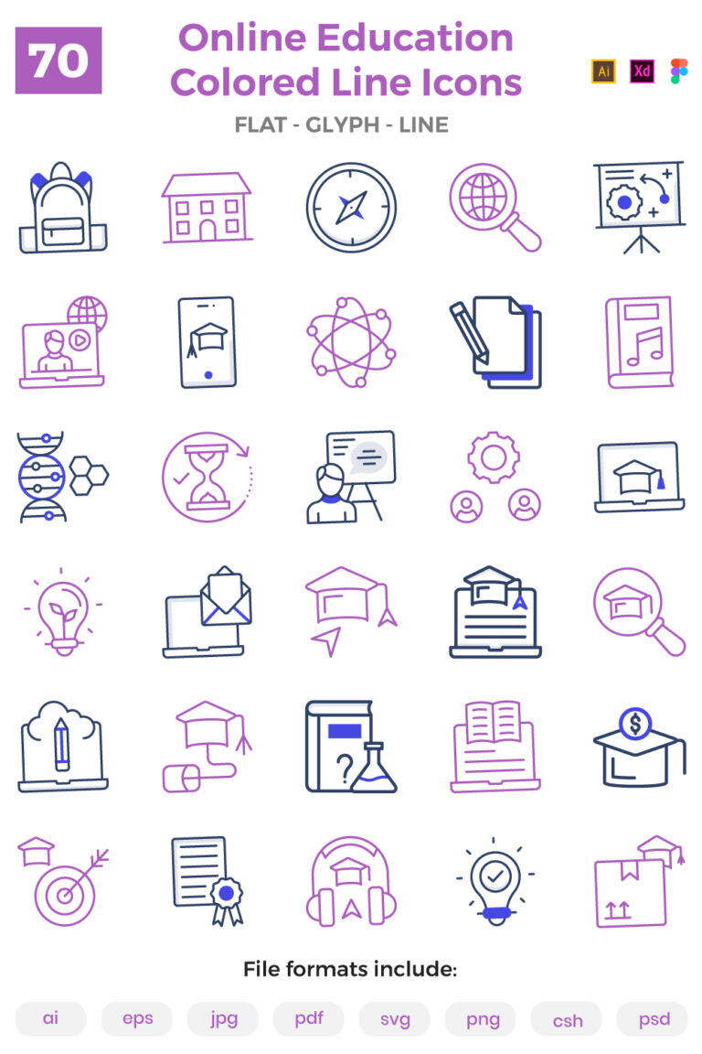 Online Education and Learning Colored Line Icons - MasterBundles