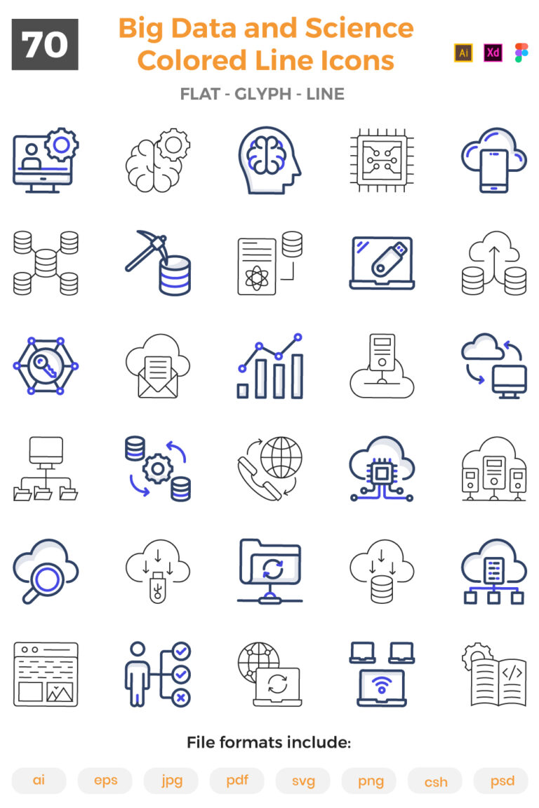 70 Big Data and Science Colored Outline Icons - MasterBundles