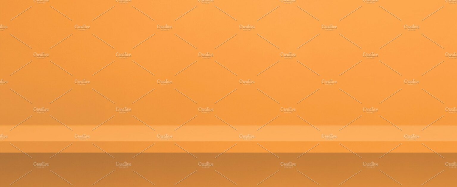 Empty shelf on light orange wall. Background template. Horizonta ...