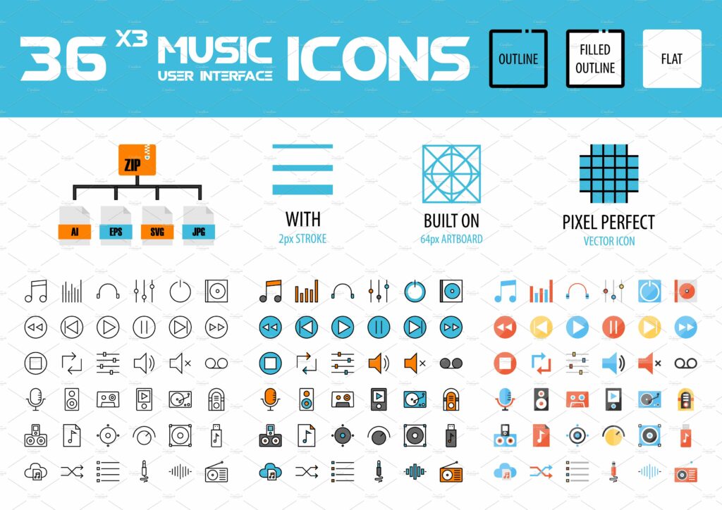 36x3 Music User Interface icons – MasterBundles