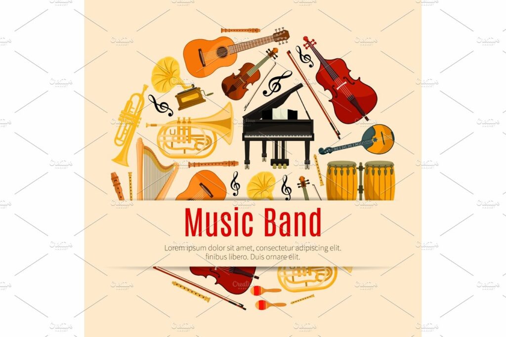 Musical instruments music band vector poster – MasterBundles