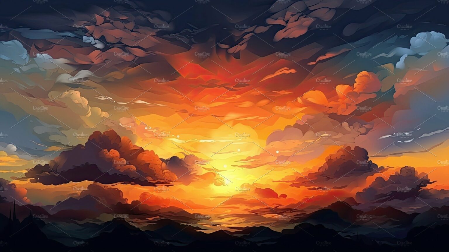 Illustrated sky with clouds, sun, stars, and sunrise or sunset. – MasterBundles
