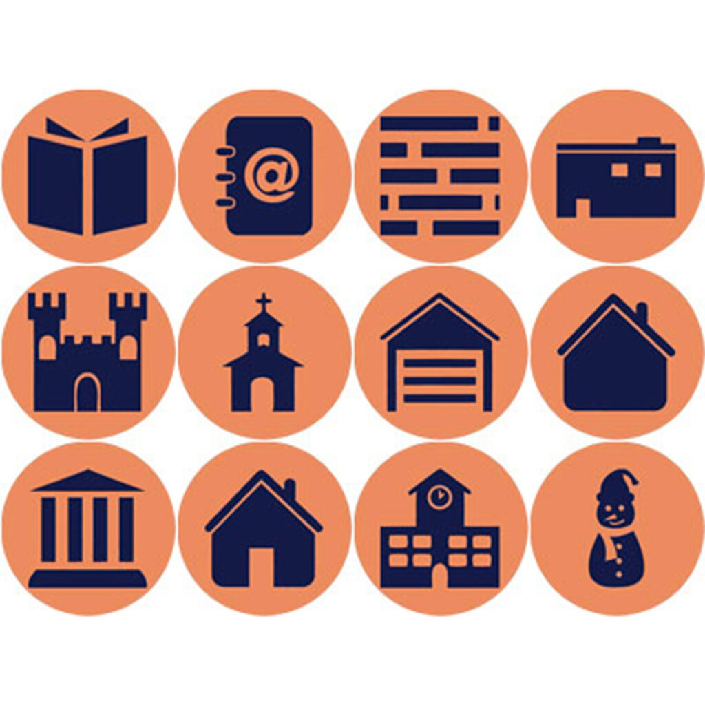 ORANGE AND NAVY BLUE BUILDING ROUND ICONS - MasterBundles