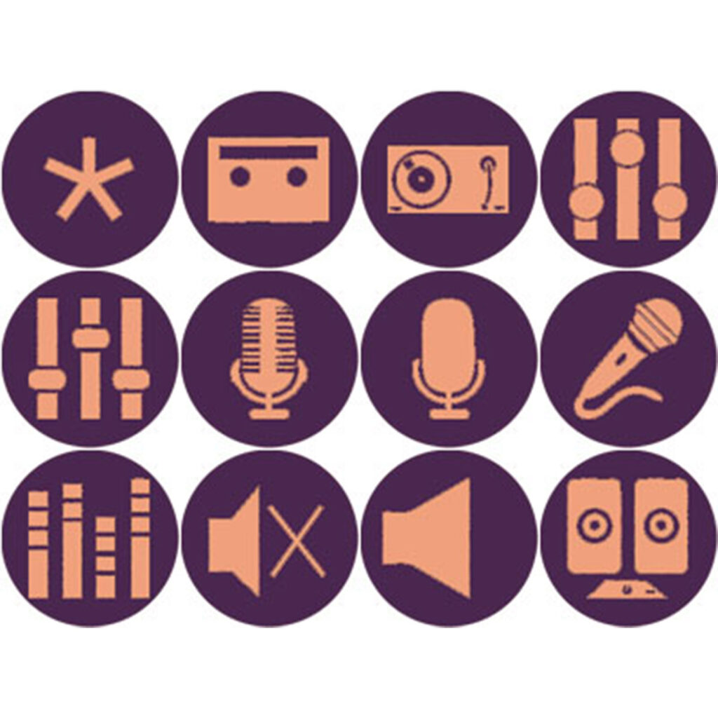 ORANGE AND PURPLE AUDIO ROUND ICONS - MasterBundles