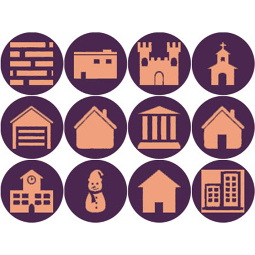 ORANGE AND PURPLE BUILDING ROUND ICONS - MasterBundles