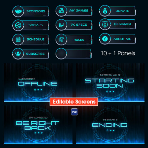 Futuristic Sci-fi Twitch Gaming Stream Overlay pack Blue - Facecam, x10 ...
