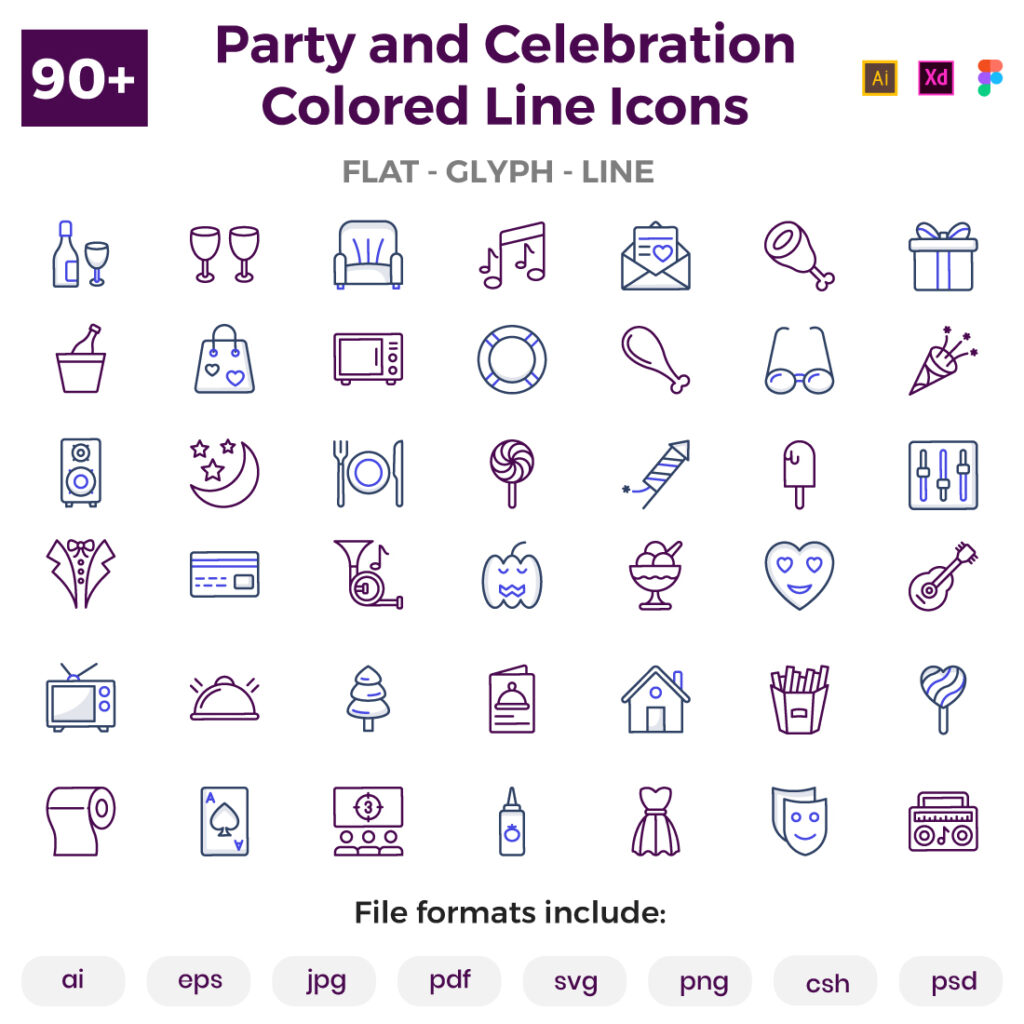 90+ Party and Celebration Colored Line Icons - MasterBundles