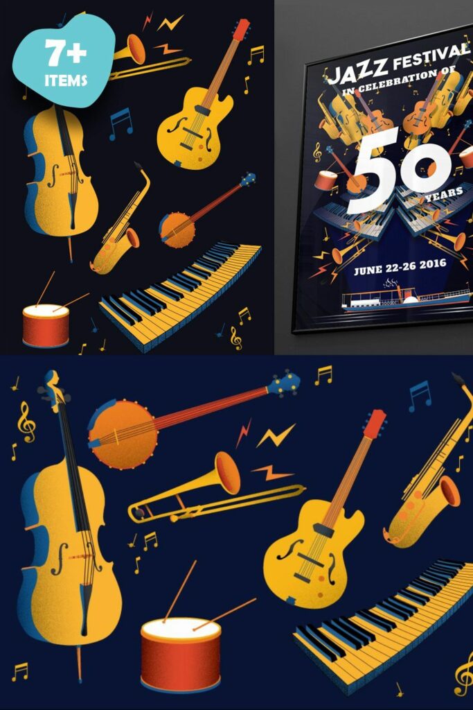 7 Vintage Music Instruments & Poster – MasterBundles