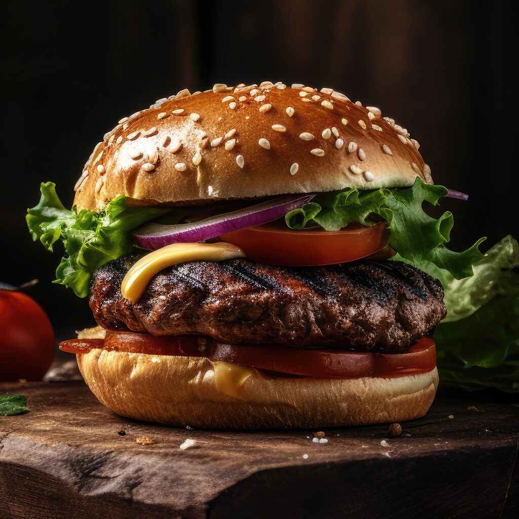 Side View Of A Burger On A Dark Rustic Background With Beef And Cream ...