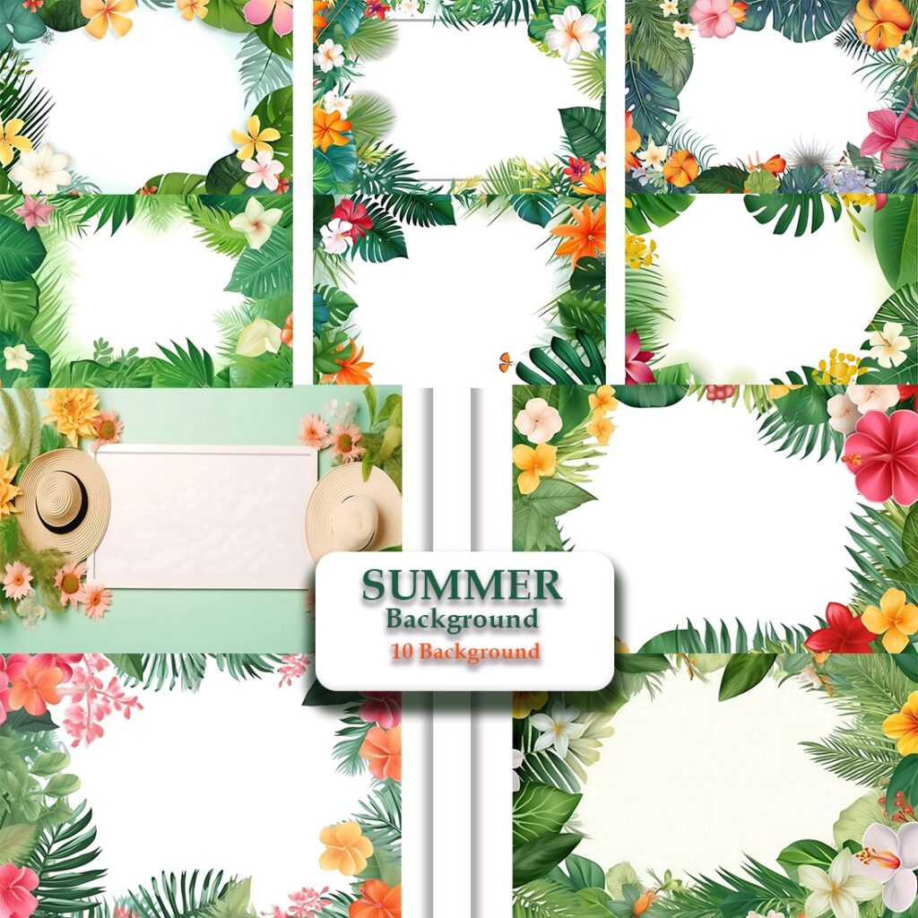 Summer Frame or Border with tropical palm leaves and flowers on white ...