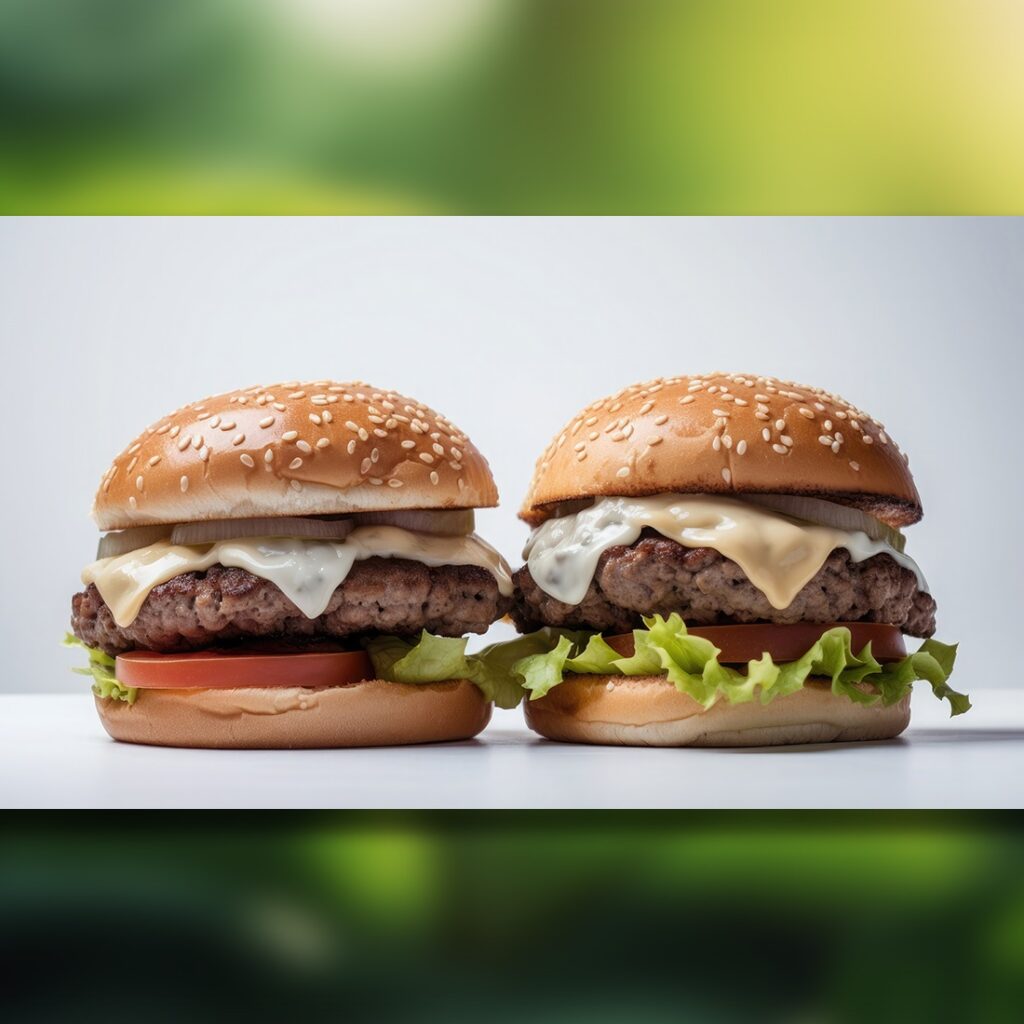 This is a Side view of a Burger on a white background with beef and ...