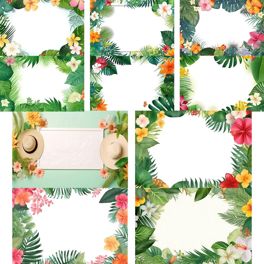 Summer Frame or Border with tropical palm leaves and flowers on white ...