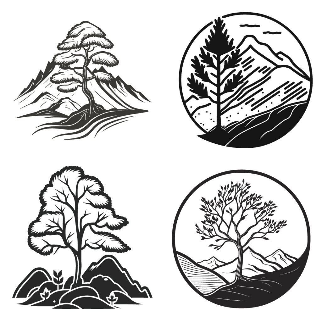 Mountain sketch, Outline Style black and white mountains and tree ...