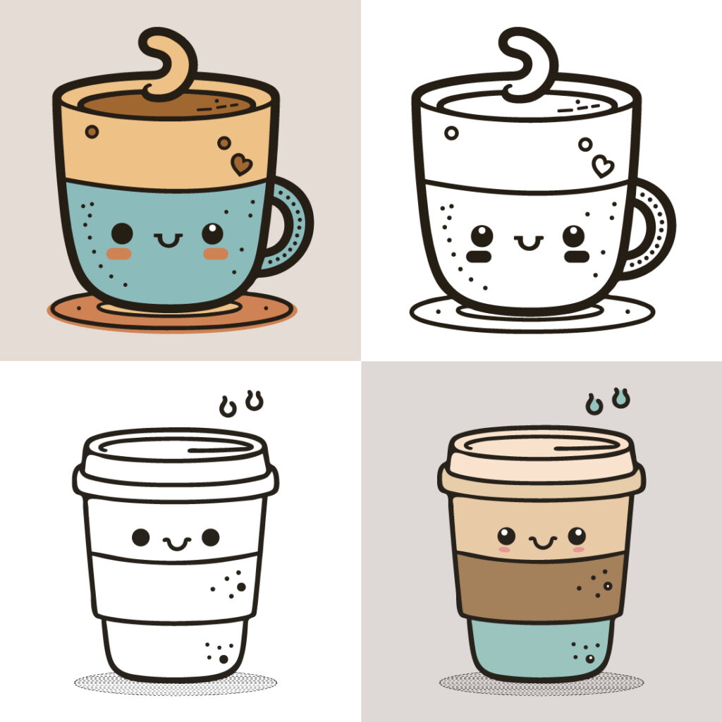 Coffee Cup Logo, Cute Coffee Cup Cartoon line art colorful Vector ...