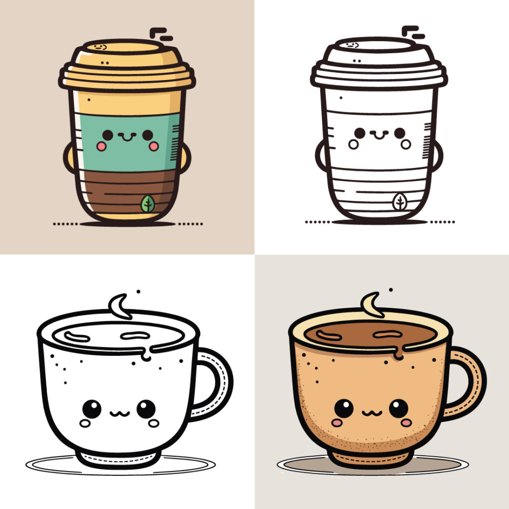 Coffee Cup Logo, Cute Coffee Cup Cartoon line art colorful Vector ...