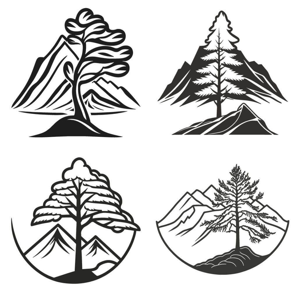 Mountain sketch, Outline Style black and white mountains and tree ...