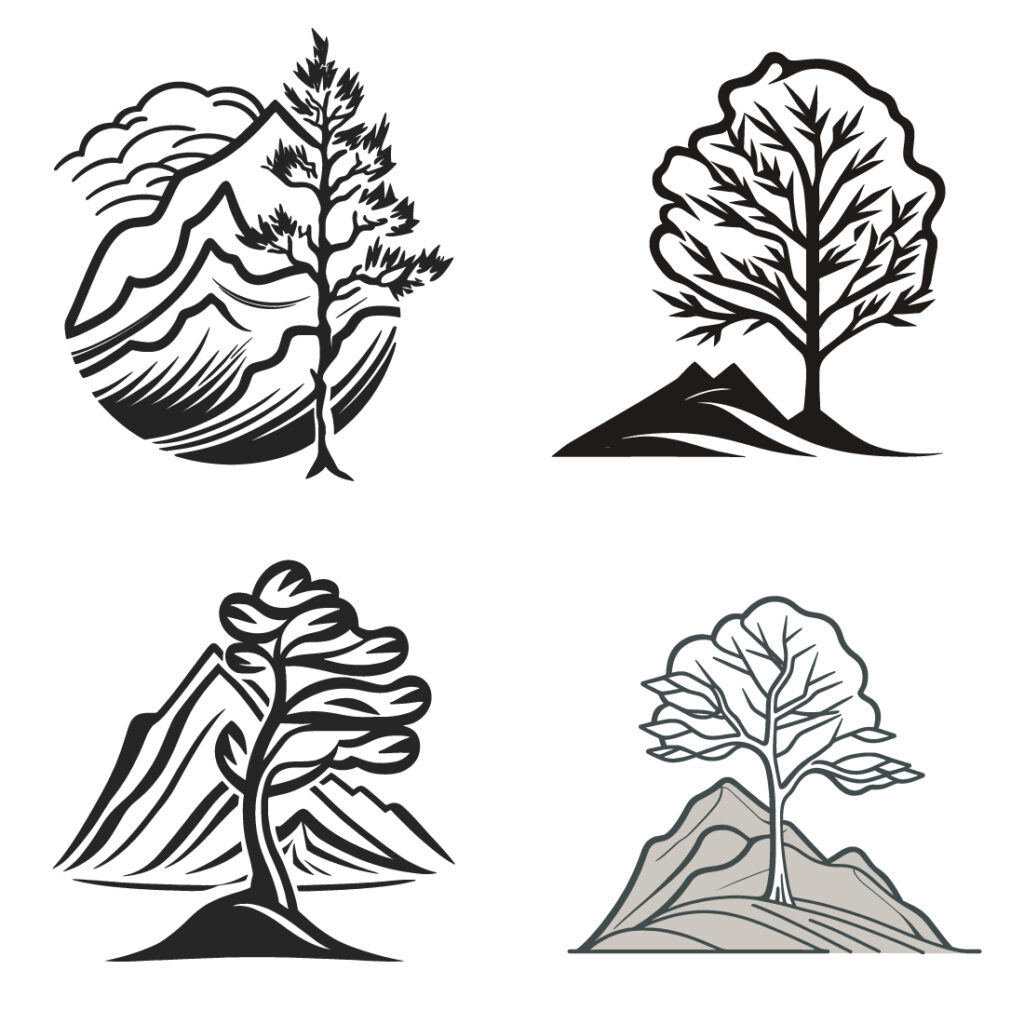 Mountain sketch, Outline Style black and white mountains and tree ...