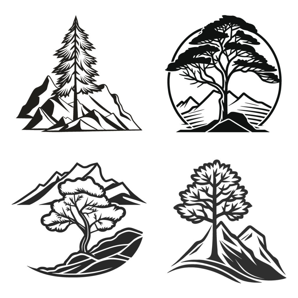 Mountain sketch, Outline Style black and white mountains and tree ...