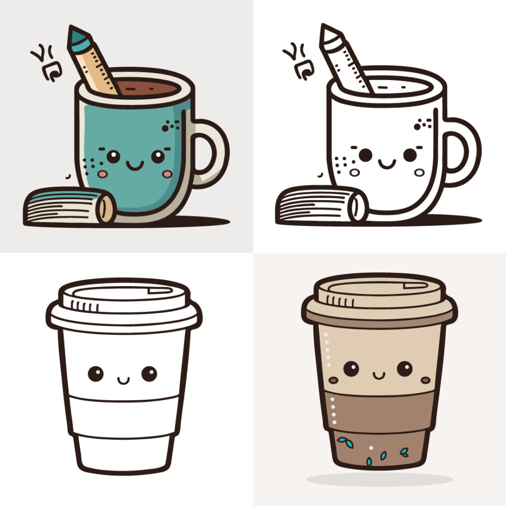 Coffee Cup Logo, Cute Coffee Cup Cartoon line art colorful Vector ...