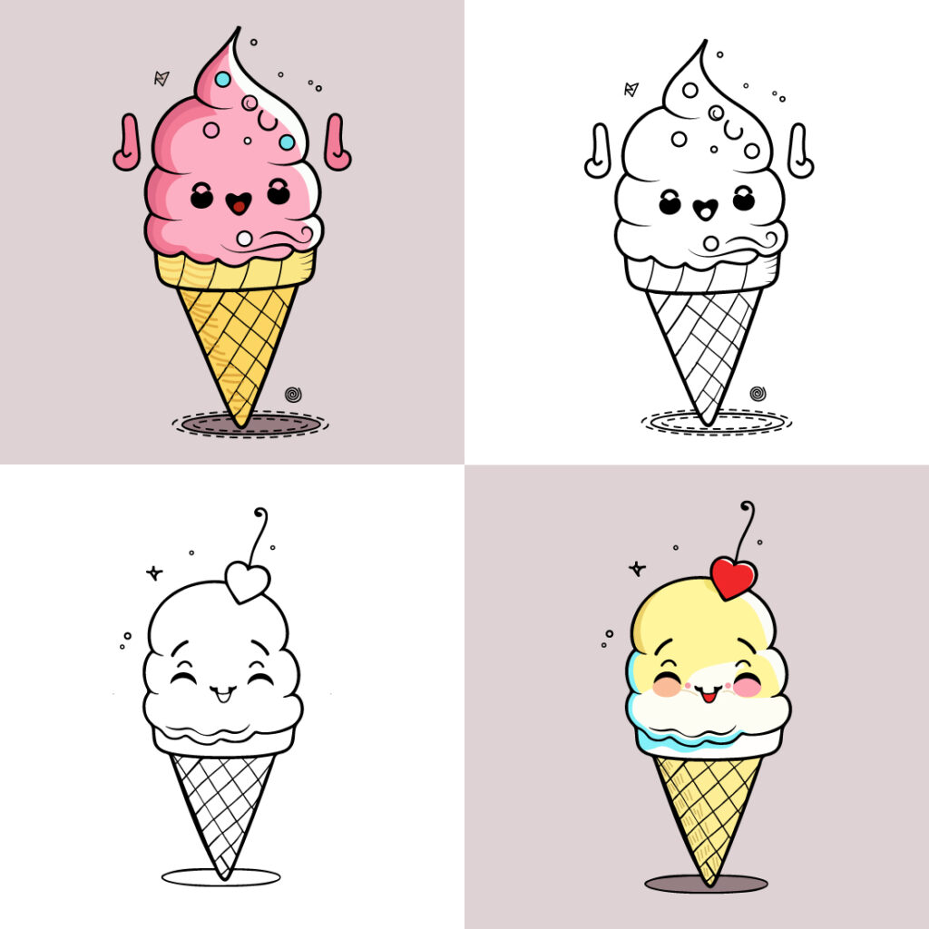 Cute Ice Cream Cartoon line art vector Icon illustration, Food drinks ...