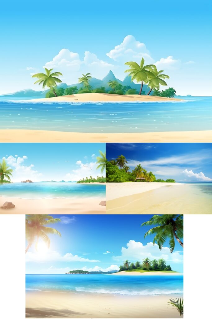 This is a beach scene with a tropical beach and palm tree’s summer ...