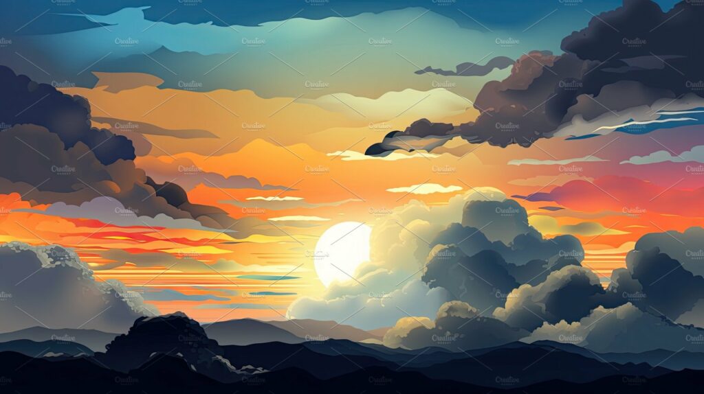 Illustrated sky with clouds, sun, stars, and sunrise or sunset ...