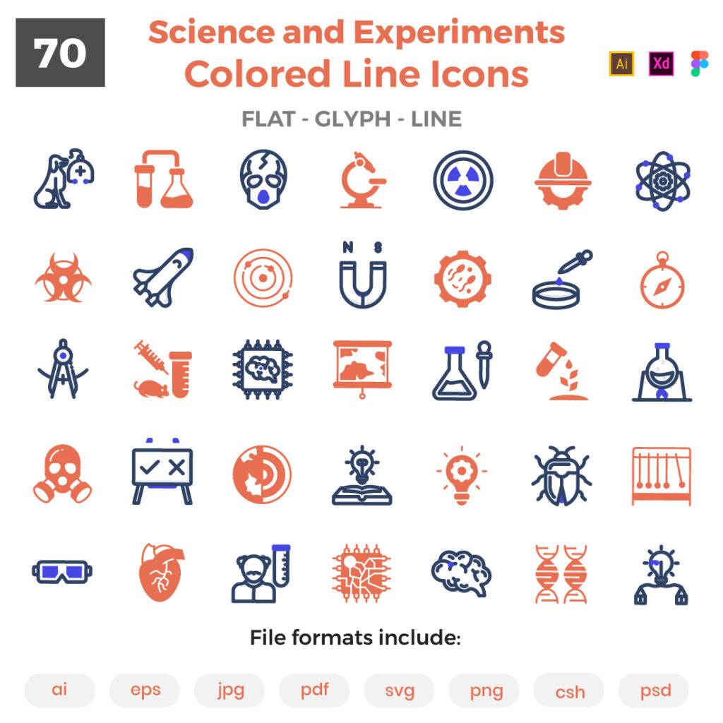 70 Set of Science Experiments Colored Vectors Icons - MasterBundles