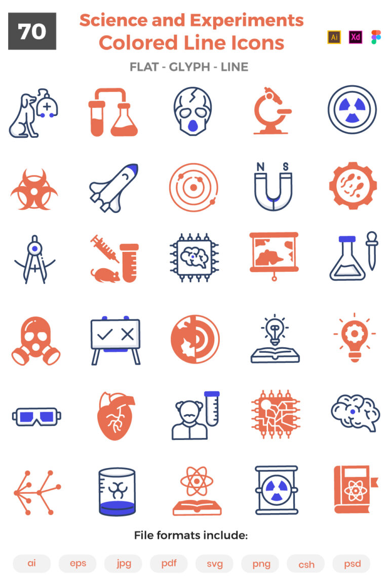 70 Set of Science Experiments Colored Vectors Icons - MasterBundles
