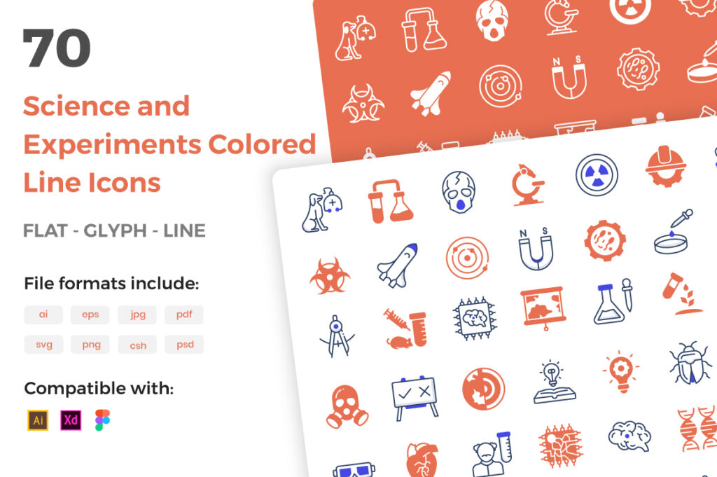 70 Set of Science Experiments Colored Vectors Icons - MasterBundles