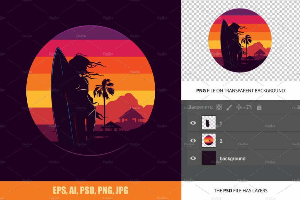GIRL SURFING SUNSET T-SHIRT DESIGN – MasterBundles